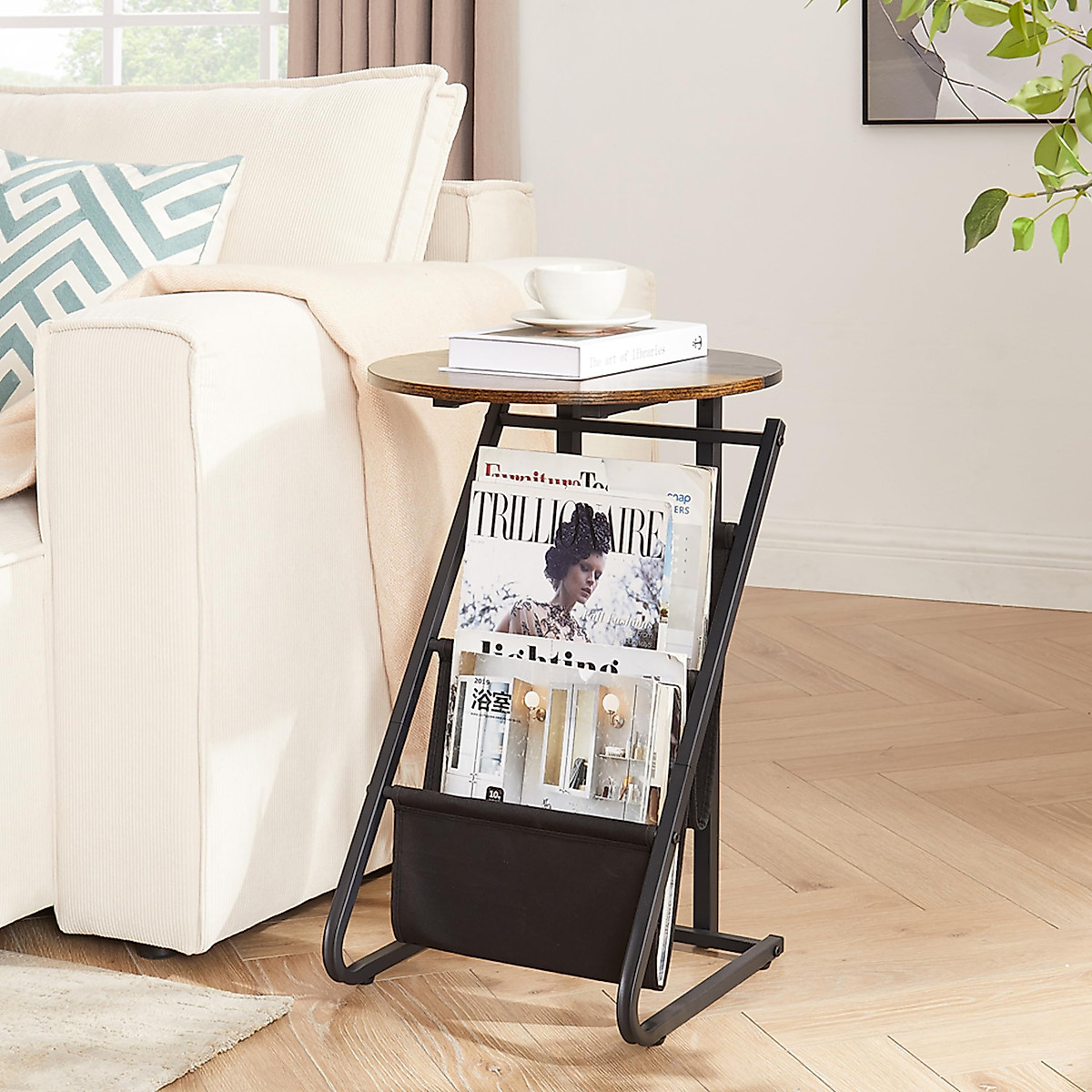 JOIN IRON End Table with Magazine Holder,Multifunction Magazine Rack with 2 Pockets,Newspaper Stand,Side Table for Living Room,Bedroom,Home Office,Small Space,Easy to Move and Assemble