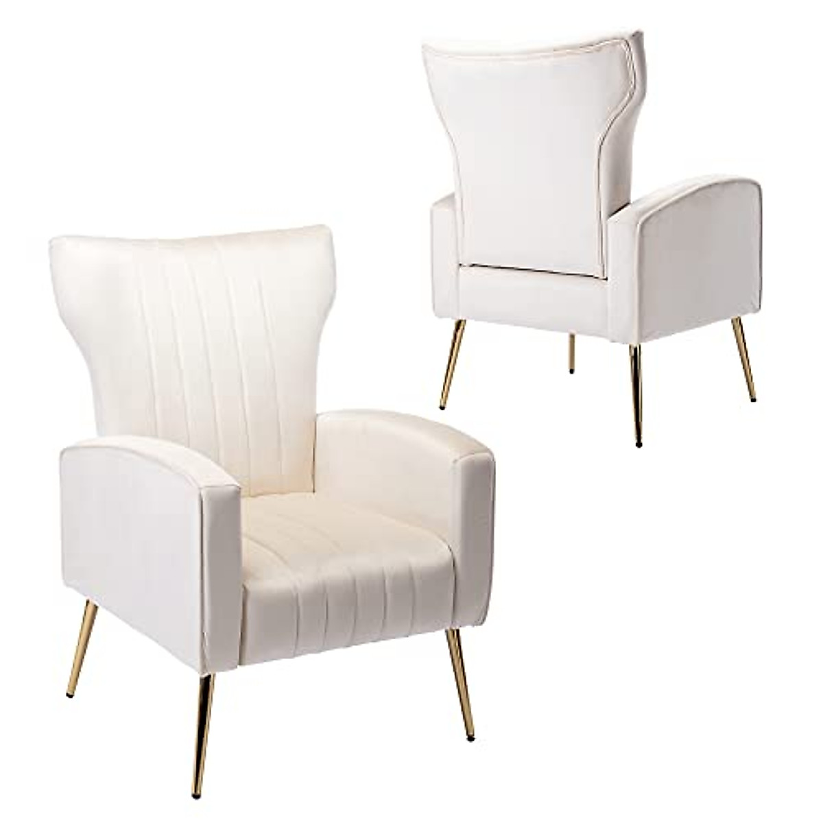 KCC Velvet Accent Living Room Chairs Set of 2, Mid Century Armchair with High Back for Bedroom, Upholstered Single Sofa with Golden Metal Legs,Cream