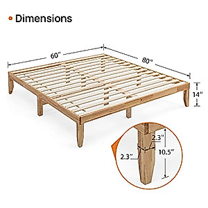 wonline Wood Platform Bed Frame Solid Wood Foundation No Box Spring Needed Wooden Slat Support Oak Wood Natural Finish Home Bedroom Furniture Platform Base