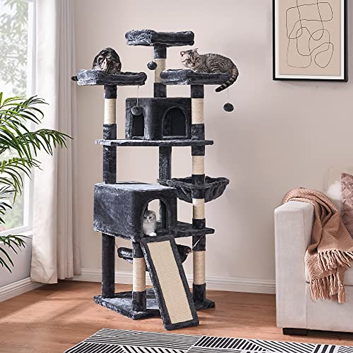 BEWISHOME 64.5inches Cat Tree for Indoor Cats Multi-Level Cat Tower with Scratching Posts, Board, Cozy Plush Perches Cat Condo for Large Cat Play House MMJ20H