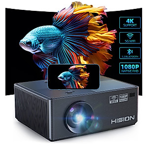 Movie Projector, HISION 5G WiFi Bluetooth Projector Native 1080P Projector 4K Support Oudoor Mini Projector for iPhone Home LED TV Projector Compatible with TV Stick Laptop Tablet PC HDMI USB TF DVD