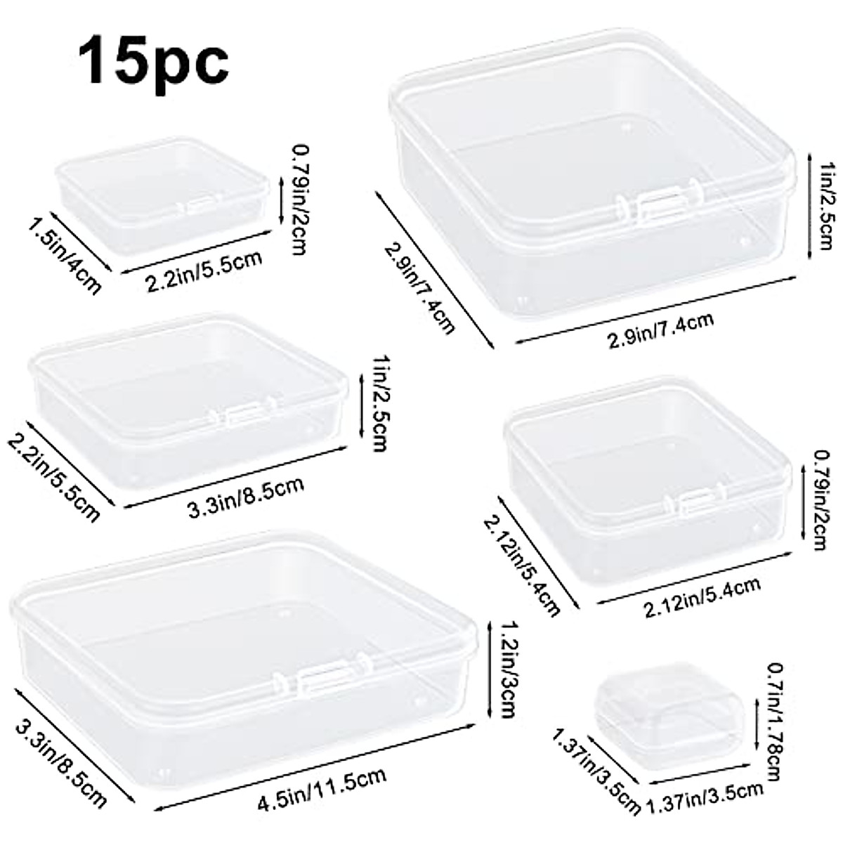 15Pcs Small Clear Plastic Storage Containers with Lids, Empty Mini Plastic Rectangular Storage Box, Beads Storage Box with Hinged Lid for Craft Projects, Jewelry, Tools, Hardware, Small Items, Mix Siz