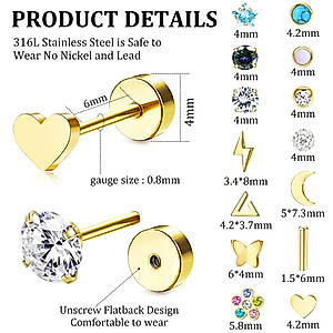 FIBO STEEL 20G Surgical Steel Stud Earrings for Women Multipack Cartilage Studs Hoops Earrings CZ Flower Butterfly Heart Flat Back Earrings Helix Conch Ear Piercings Gold-tone