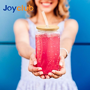 Joyclub Glass Cups with Bamboo Lids and Straws 4 Set 16 oz Reusable Iced Coffee Cup Beer Can Drinking Jars for Smoothie Whiskey Boba Soda Tea Gift