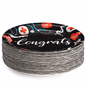 Sparkle and Bash 80 Pack Nurse Paper Plates for Nursing Graduation Party Supplies, Congrats and Medical Symbol Designs, for Student Nurses, Doctors, Medical Professionals (9-Inch Diameter)