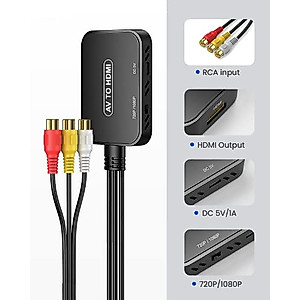 RCA to HDMI Converter,Viagkiki AV to HDMI Adapter,RCA to HDMI Composite Audio Video Converter for PS1, PS2, PS3, STB, Xbox, VHS, VCR,Black-Ray DVD Players(HDMI Cable Included)