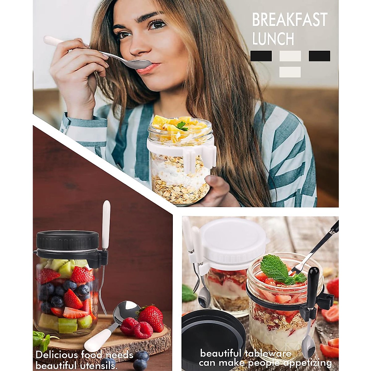 Overnight Oatmeal Lid，Overnight Oats Containers 4 piece set，Pickle Fork ，spoon，Suitable for mason jars and overnight oats jars(black White，Jars not Included)