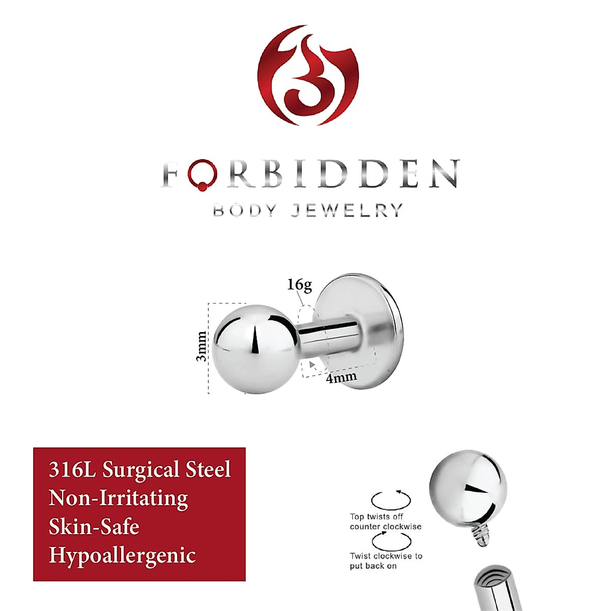 Forbidden Body Jewelry Piercing Jewelry, Tragus Piercing Jewelry, Tragus Jewelry, 16G 4mm Internally Threaded Surgical Steel, Helix Earring and Labret Stud with 3mm Ball Top