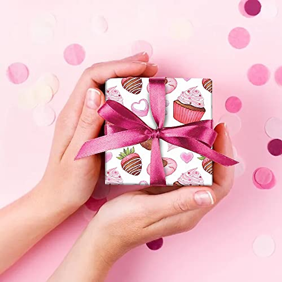 Cupcake Strawberry Doughnuts Heart Printed Gift Wrapping Paper, Sweet Dessert Birthday Gfit Wrap Paper Folded Flat with 1 Roll Pink Ribbon for Baby Shower Party Holiday Kids Girls Boys Gift Wrap Set