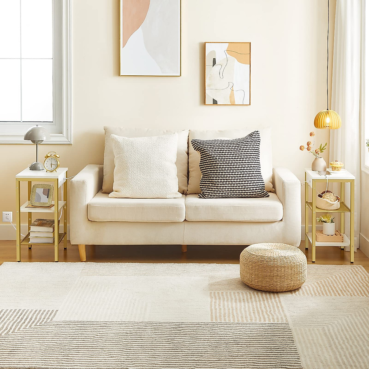 HOOBRO End Table with Charging Station and USB Ports, 3-Tier Nightstand with Adjustable Shelves, Small Side Table for Small Space in Living Room, Bedroom and Balcony, White and Gold DW112BZ01G1