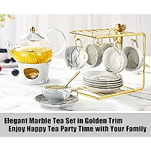 DUJUST 21 pcs Small Tea Set of 6, Gray Marble Texture with Handcraft Golden Trim, Fine Porcelain Tea pot Set for Kids&Adults, 1 Glass Teapot(22oz), 6 Cups(4oz), 6 Saucers, 6 Spoons, 1 Shelf&1 Warmer