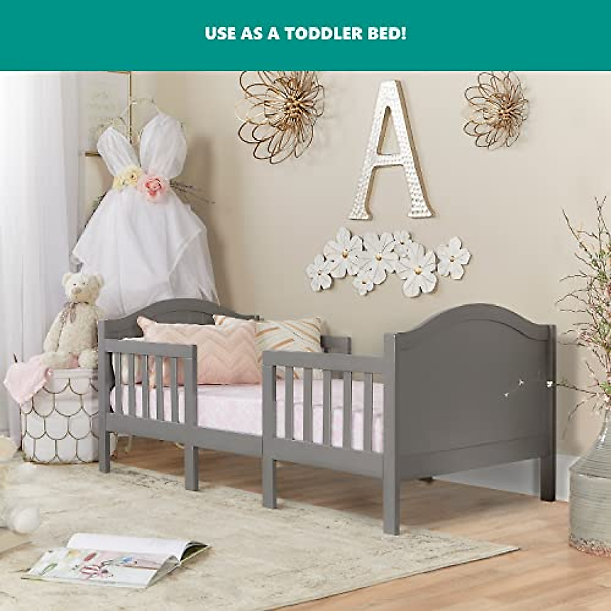 Dream On Me Portland 3 In 1 Convertible Toddler Bed in Steel Grey, Greenguard Gold Certified, JPMA Certified, Low To Floor Design, Non-Toxic Finish, Pinewood