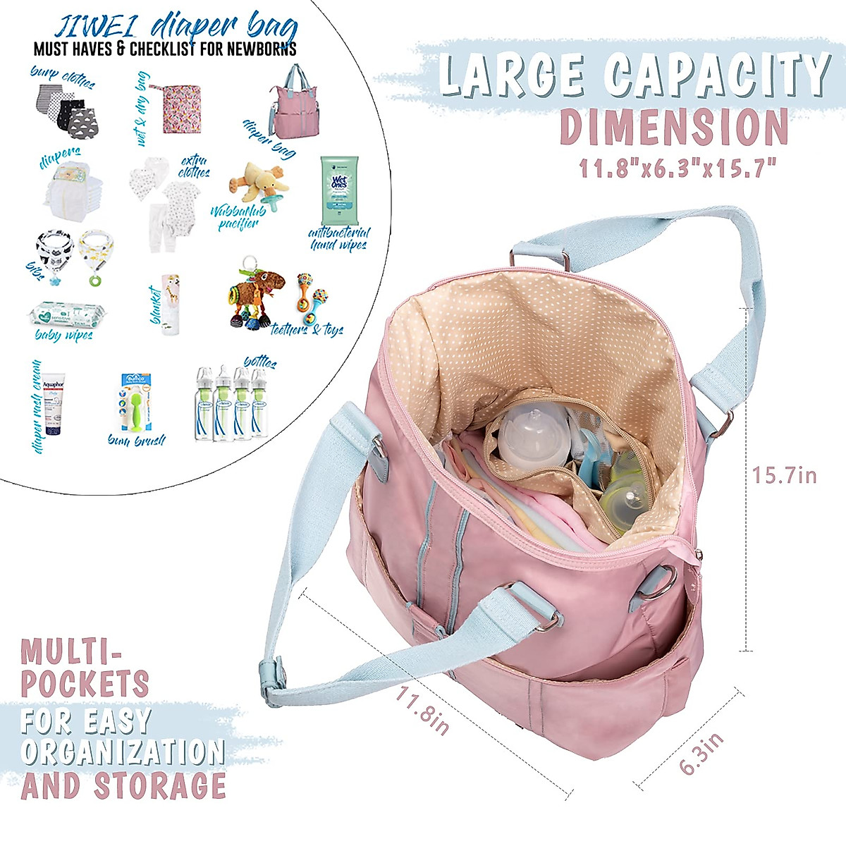 Diaper Bag Backpack for Mom Dad, ZWFLAU Multifunction Tote Travel Diaper Backpack, 4 in 1 Waterproof Convertible Lightweight Diaper Bags for Baby Boys Girls(Pink)