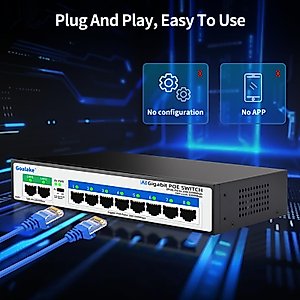8 Port Gigabit PoE Switch with 2 Gigabit Uplink, Unmanaged 10 Port Gigabit PoE Switch Compatible with IEEE 802.3af/at Devices@120W, AI PoE Auto Recovery&Extend, Vlan, Metal Pluy&Play