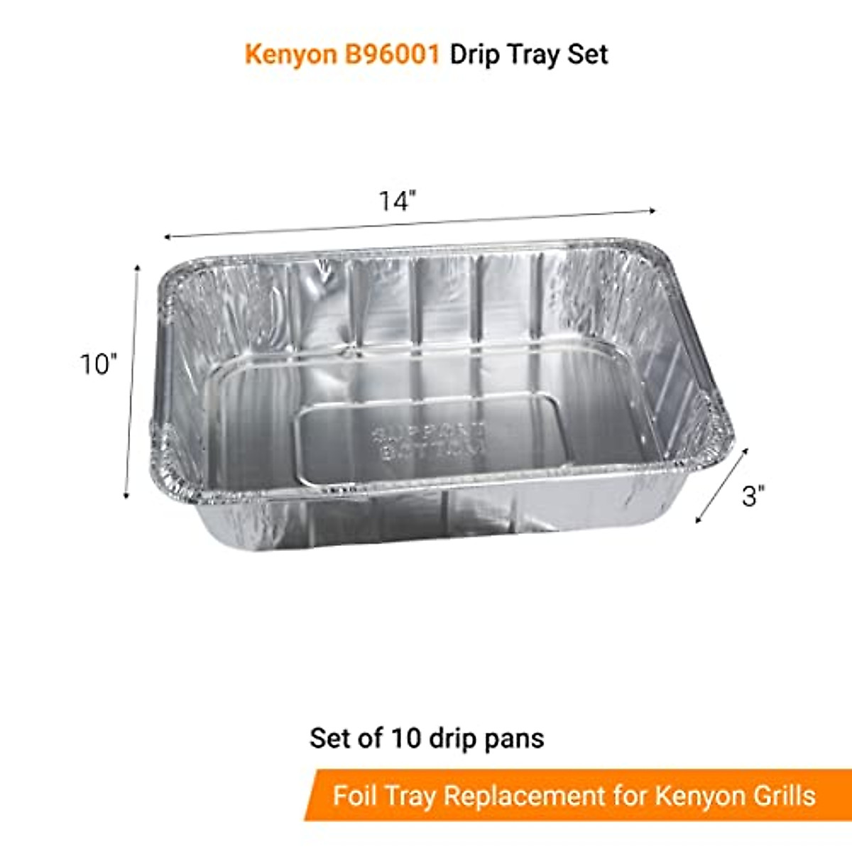 Kenyon Drip Tray Set, Disposable Grill Accessories, Foil Trays, Compatible with Kenyon Grills Except for G2, Rinse Out and Use Multiple Times, Pack of 10 Drip Pans, Silver