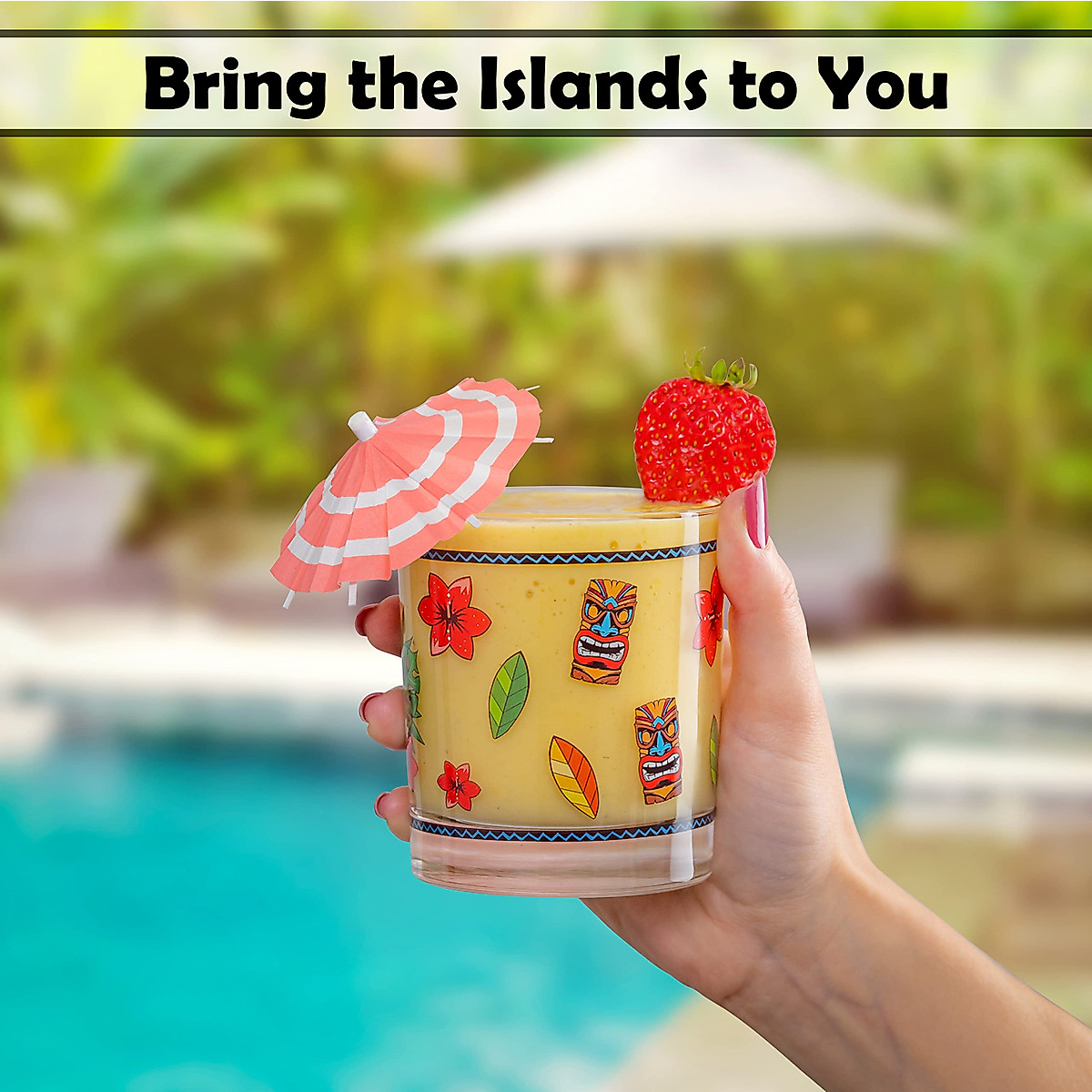 Tiki Cocktail Glasses Set of 4-10.5 Ounce Rocks Drinking Cups | Exotic Hawaiian Luau Party Barware