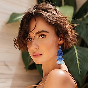 FINREZIO Dangle Tassel Blue Earring for Women Boho Earring Long Thread Tassel Earrings Bohemian Fringe Drop Handmade EarringsGradient