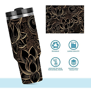 Yasala Car Tumbler with Handle Golden Lotus Floral Travel Mug Coffee Cup Insulated Beverage Container Mega Cup for Hot Cold Drinking Thermos Water Bottle Cupholder Friendly 40 oz