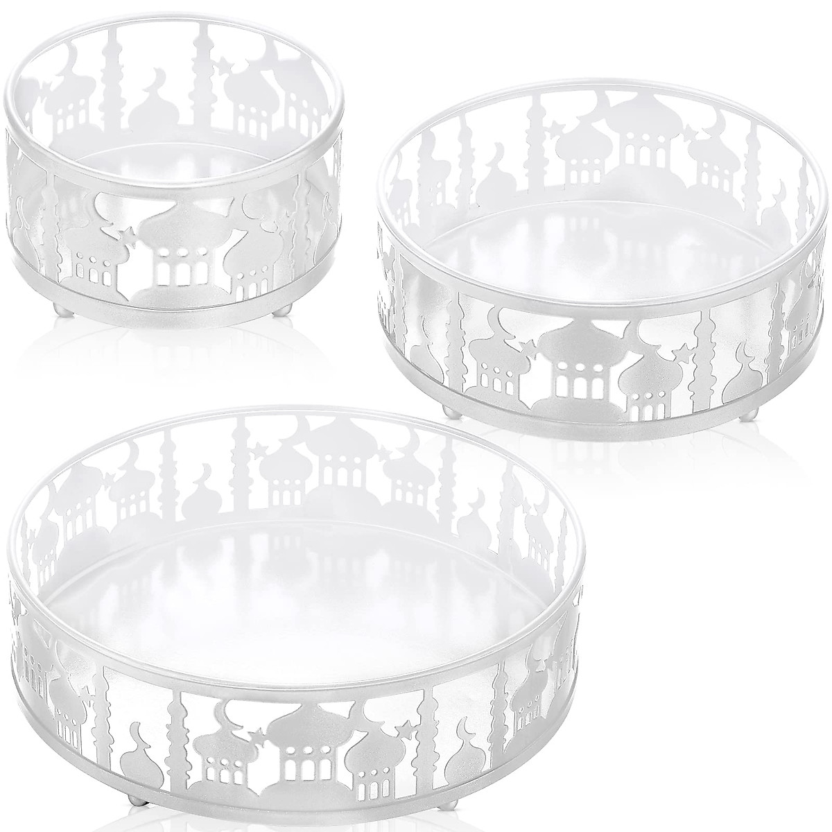 Sumind 3 Pcs Ramadan Serving Trays Eid Mubarak Round Metal Food Trays Crazy Night Islam Eid Mubarak Plates Food Storage Containers for Eid Islamic Muslim Activity Party Favor, White