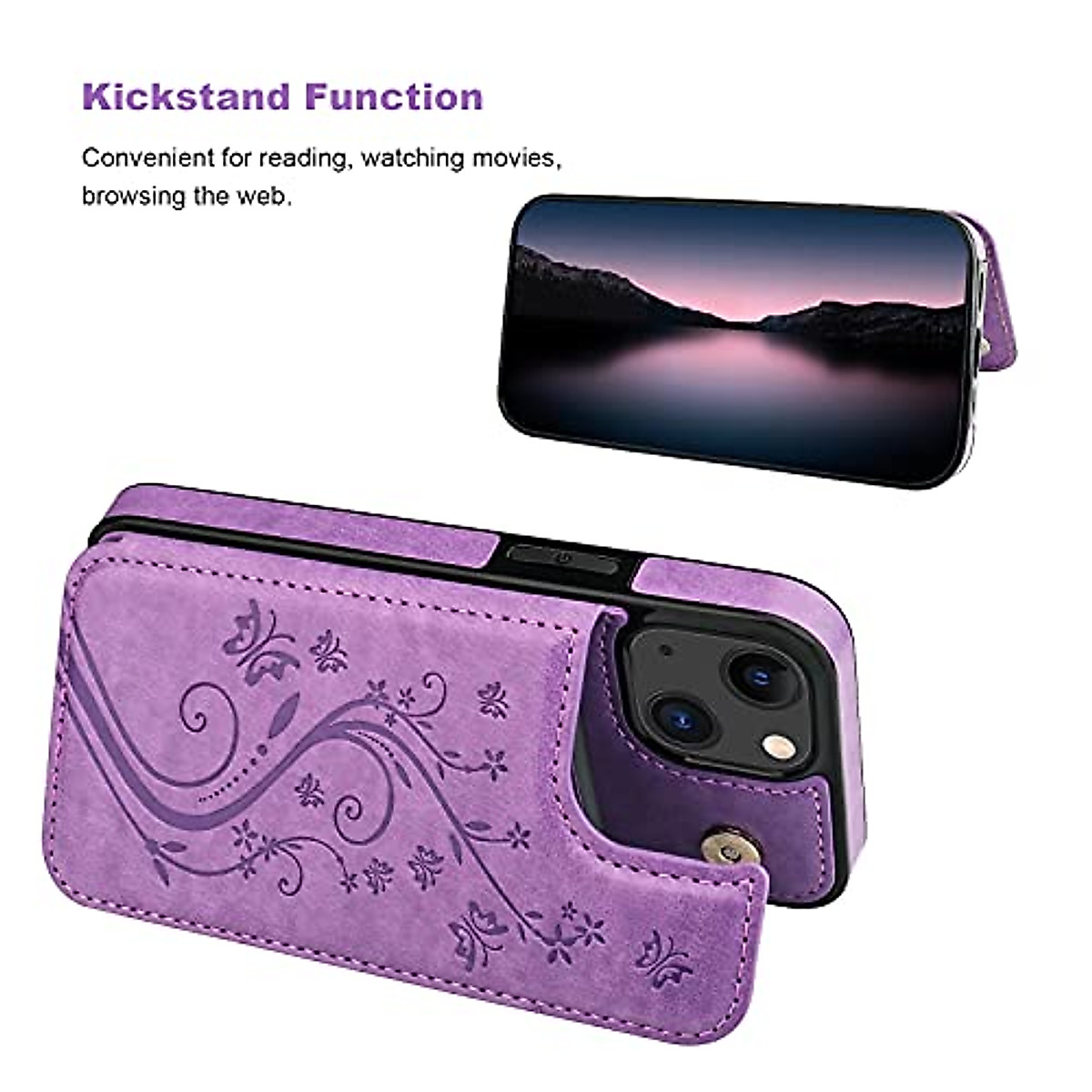 Vaburs Compatible with iPhone 13 Mini Case Wallet with Card Holder, Embossed Butterfly Pattern PU Leather Double Buttons Flip Shockproof Protective Cover for Magnetic Car Mount 5.4 Inch (Purple)