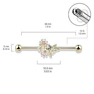 Pierced Owl 14GA Stainless Steel CZ Crystal and Enamel Flower Bouquet Industrial Barbell (Rose Gold Tone)
