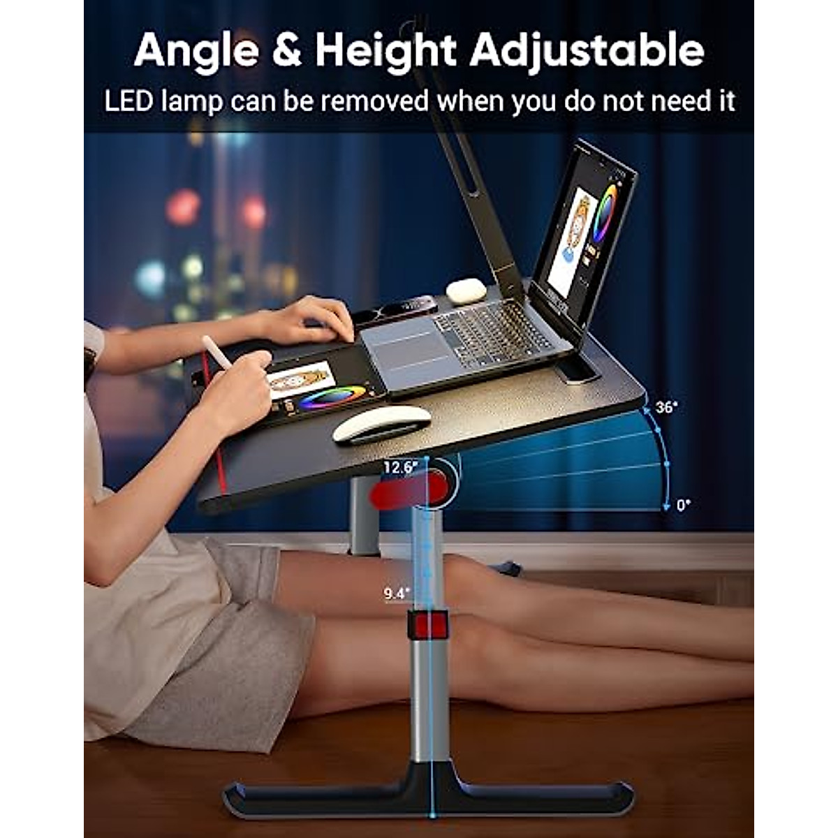 Laptop Desk for Bed with LED Table Lamp, NEARPOW XXL Laptop Bed Tray Desk for Laptop and Writing, Adjustable Bed Table Bed Desk Laptop Stand for Bed or Sofa with Anti-Slip Leather, Removable Stopper