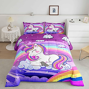 Feelyou Unicorn Bedding 2 Pieces Rainbow Unicorn Comforter Set,Cute Unicorn Comforter for Girls Teens Twin Size