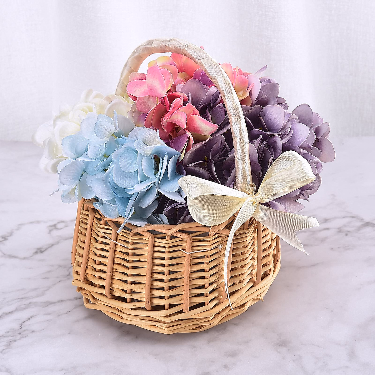 ASSR 2PCS Wedding Flower Girl Basket Set,Wicker Rattan Flower Basket with Handle,Petal Basket Candy Storage Basket ,Rattan Box Home Decoration,White,5.9x7.5 in(210209HT07-12#WSW98)