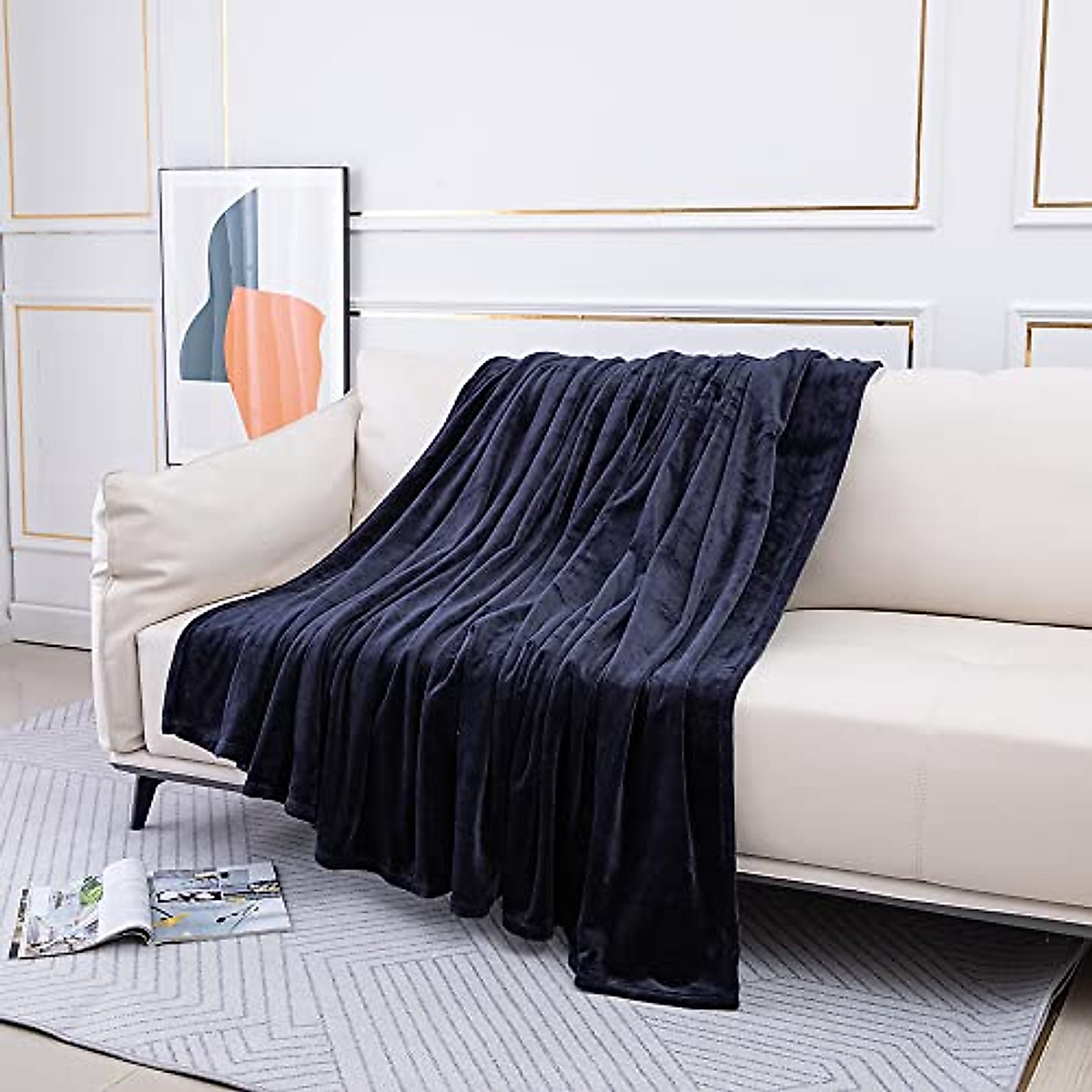 Flannel Bedding Fleece Blanket Throw, CHOOLE 350GSM Lightweight Soft Warm Blanket for Couch, Camping, Gift (Navy, Throw (50"x60"))