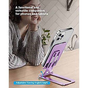 MEISO Cell Phone Stand, Fully Foldable Phone Holder for Desk, Desktop Mobile Phone Cradle Dock Compatible with iPhone, Samsung Galaxy, iPad Mini, Tablets Up to 10” (Lilac Purple)