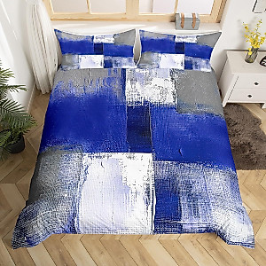 Erosebridal Dark Blue Watercolor Bedding Sets King Grey Tie Dye Comforter Cover, Abstract Art Bed Set Aesthetic Duvet Cover, Geometry Modern Quilt Cover Super Cozy Breathable Home Decorations