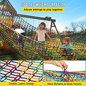 VEVOR Climbing Cargo Net, 14.8 x 10.5 ft Playground Climbing Cargo Net, Polyester Double Layers Cargo Net Climbing Outdoor w/500lbs Weight Capacity, Rope Bridge Net for Tree House, Monkey Bar, Rainbow