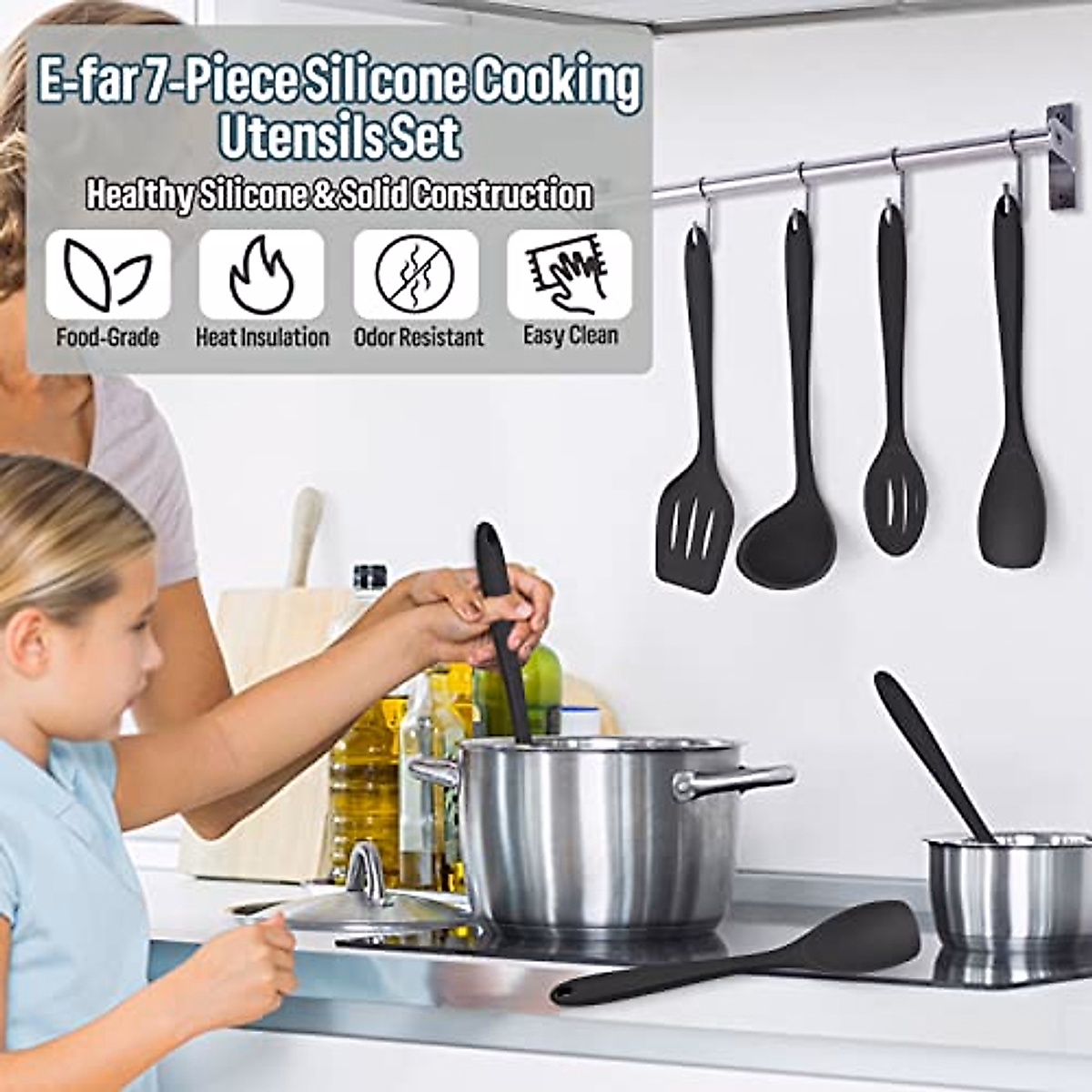 Silicone Cooking Utensils Set, E-far 7-Piece Black Heat Resistant Kitchen Utensils Set, Kitchen Nonstick Tools Spatula Ladle Spoon Pasta Server for Non-stick Cookware, Non-Toxic & Dishwasher safe