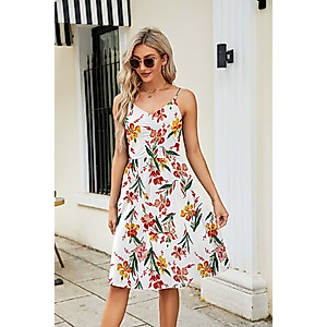 BeadChica Women's Casual Dress Summer Sleeveless V Neck Floral Sundresses A Line Spaghetti Strap Midi Dress with Pockets-Printing-XL