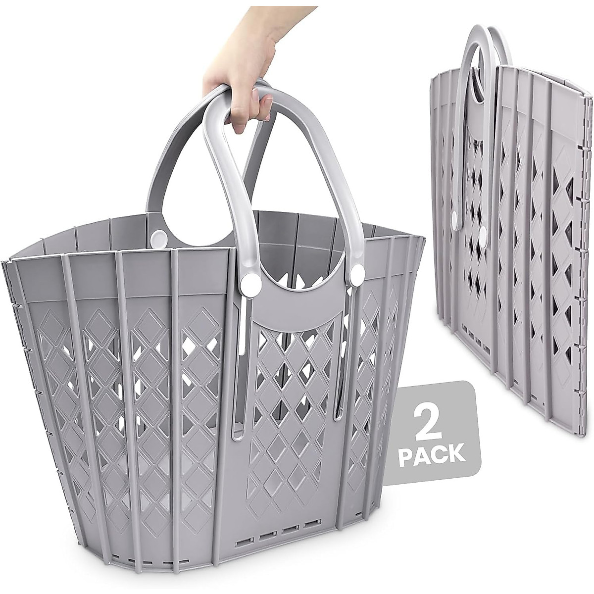 PATWING 2-Pack Collapsible Laundry Baskets, 41L Space Saving Foldable Laundry Basket, Large Plastic Laundry Basket, Collapsible Hamper with Handles for Home, Kids Room, Dorm (Triangle -Grey 2 pack)