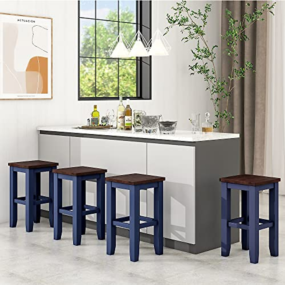 Merax 5 Pieces Dining Table Set, Farmhouse Wood Counter Height Dining Set, Kitchen Table with 3-Tier Adjustable Storage Shelves, Wine Racks and 4 Stools (Brown and Blue)