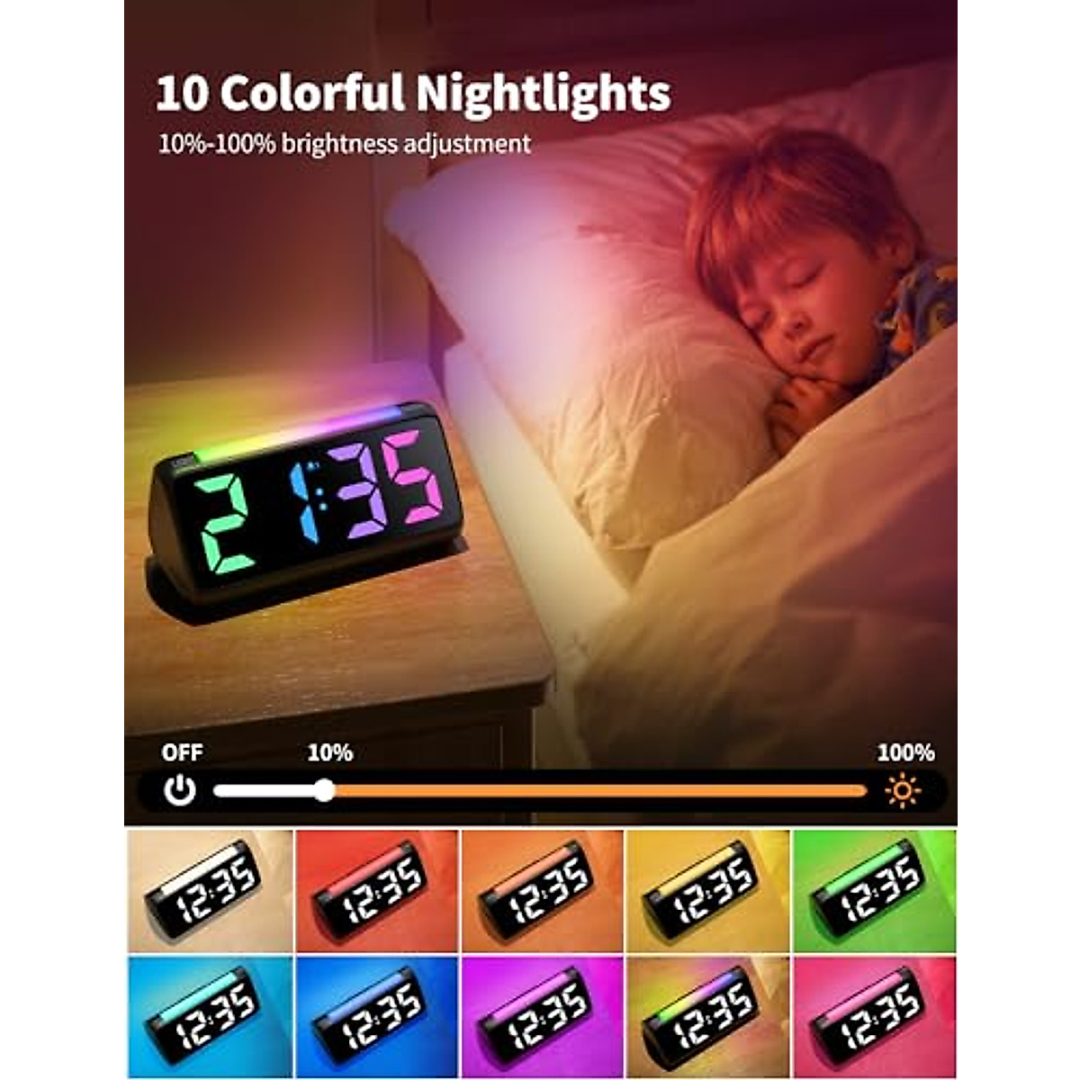 Netzu Digital Alarm Clocks for Bedrooms, Bedside Clocks with RGB Night Light, Rainbow Time, Large Display, Dual Alarm, Snooze, LED Desk Dimmable Alarm Clock for Kids Teens (Black)