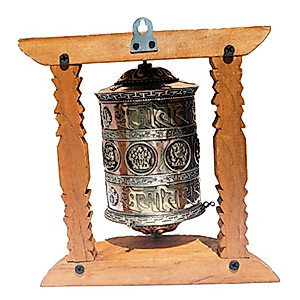 Large Tibetan Prayer wheel with wood frame 8 Auspiciouse symbol and Om Mane Pad mei hum, Hang it or sits in flat surface,handcrafted by Himalayan artisan in Nepal