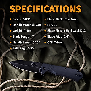 Off-Grid Knives - Stinger XL Folding Knife w. Spear Point Blade, Crucible 154CM Steel, G10 Scales, Deep Carry Clip (Blackwash)