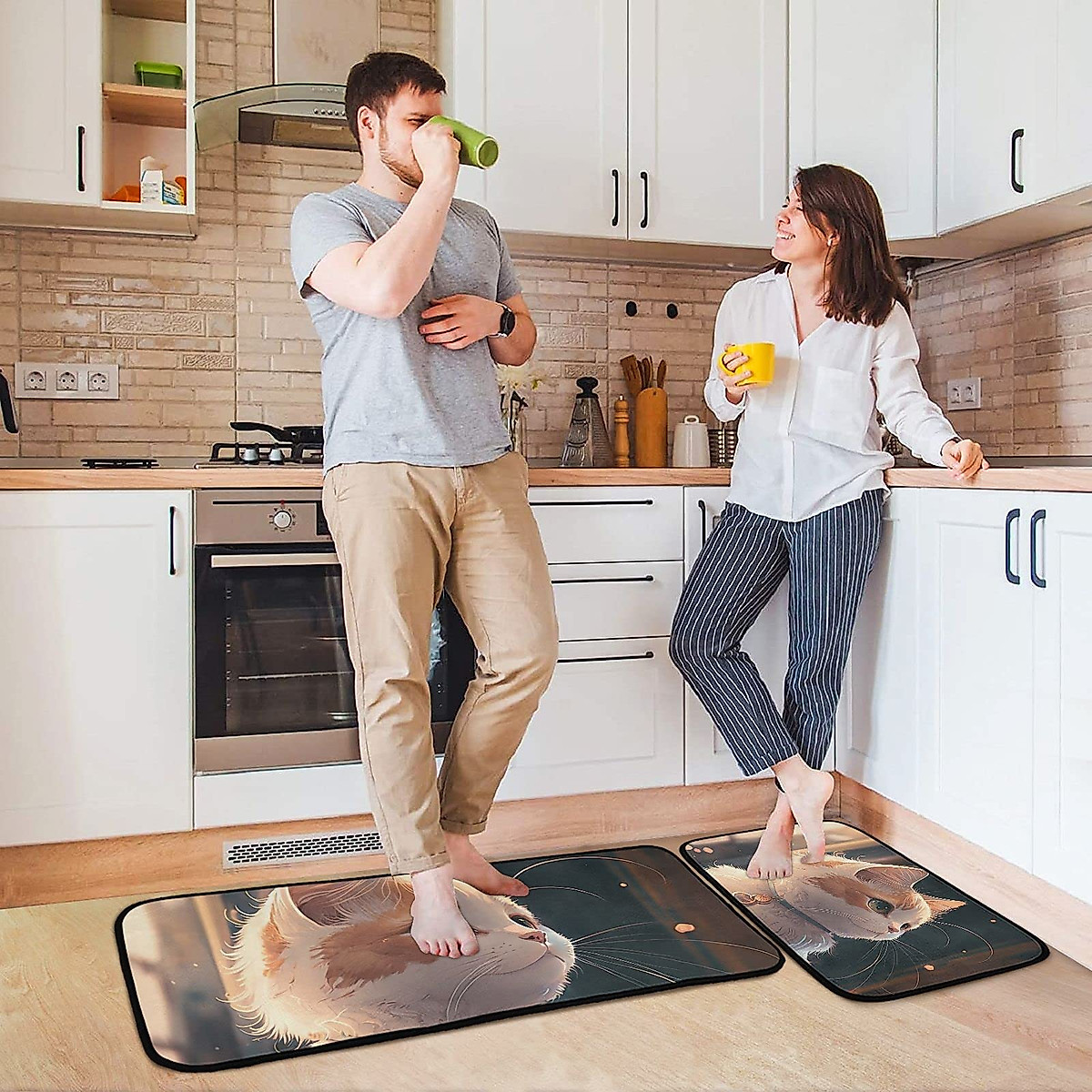 NFMILI (Anime Beautiful Cat) Kitchen Mat 2 PCS Cushioned Anti-Fatigue Kitchen Rug, Waterproof Non-Slip Floor Mats Thick Ergonomic Comfort Standing Mat for Kitchen Sink Laundry room bedroom living room