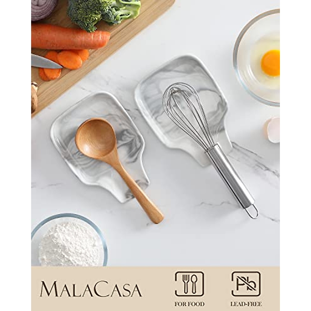 MALACASA Spoon Rest, Large Spoon Rests for Stove Top, Porcelain Spoon Holder for Kitchen Counter, Utensils Rests, Cooking Spoon Holders for Spatula Ladle Tongs, Marble Grey, Series REGULAR