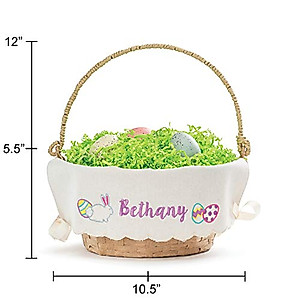 Bunny and Eggs Personalized Easter Egg Basket with Handle and Custom Name | Scallop Edge Linen Easter Basket Liners | Tan Basket | Woven Easter Baskets for Kids | Customized Easter Basket