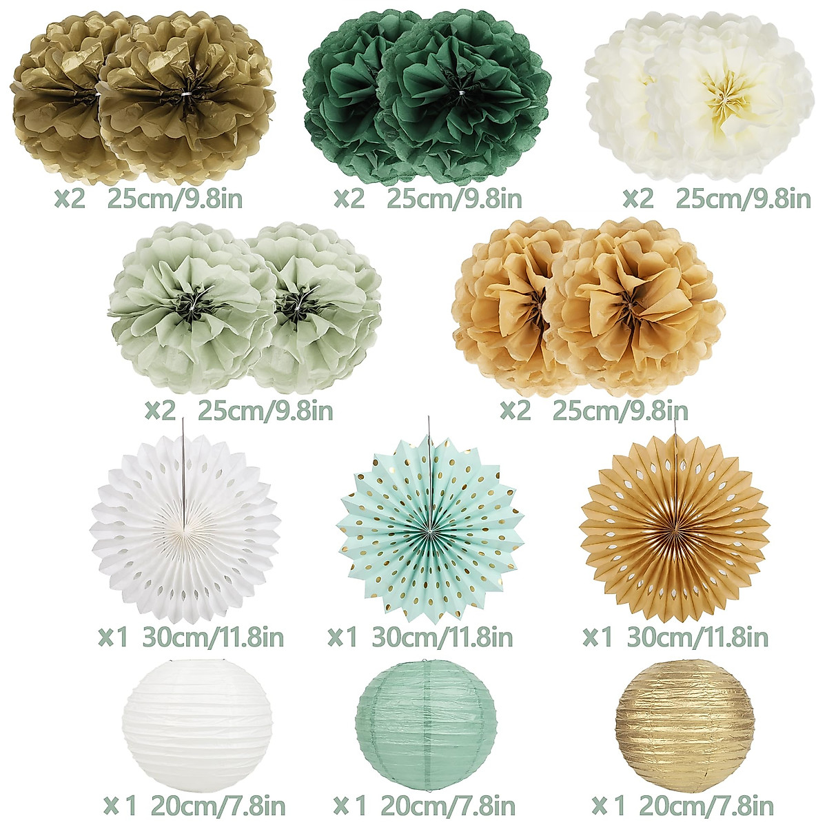 18 PCS Sage Green Party Decorations Sage Green Paper Fans Lanterns Sage and Gold Tissue Paper Pom Poms with Heart and Dot Hanging Garlands for Bridal Baby Shower Wedding Birthday Party Decorations