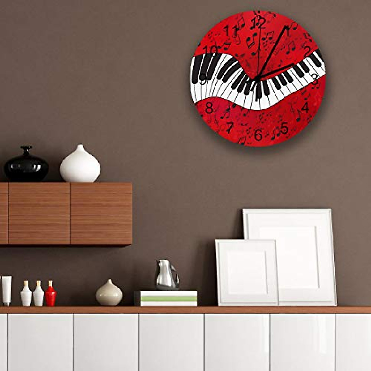 Round Wall Silence Clock Music Musical Notes with Piano Decorative Non-Ticking Battery Operated Clock Red White Wooden Wall Decor Clock for Bedroom Living Room Home Office School
