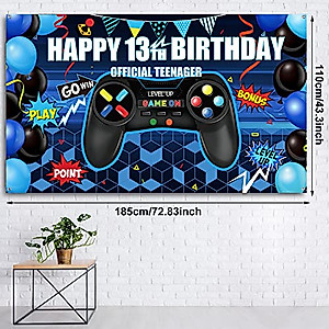 Happy 13th Birthday Video Game Backdrop Banner, Level 13 Up Birthday Background with Game Controller Print Gaming Theme for Photography, Photo Props, Video Game Party Wall Decoration (Blue)