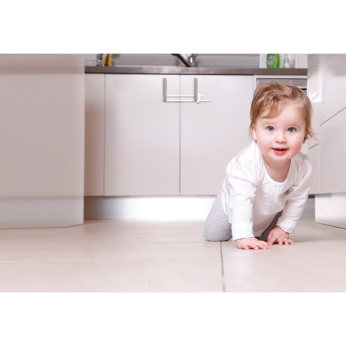 Dreambaby Slimline Slide Lock for Baby Proofing - Child Safety Cupboard Handle Locks - Suitable for Thinner Handles & Knobs - White - 2 Pack