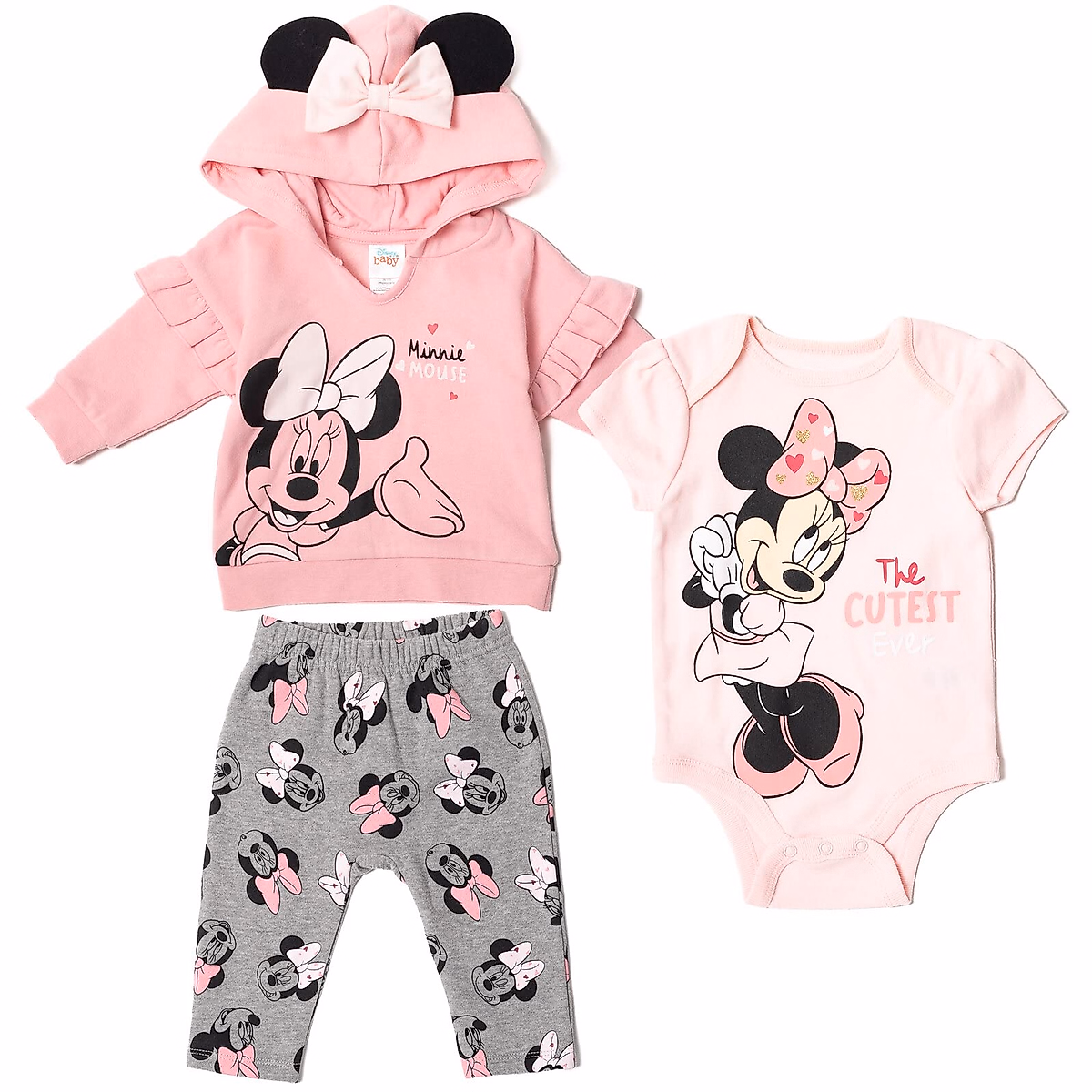 Disney Minnie Mouse Infant Baby Boys or Girls 3 Piece Outfit Set: Pants Bodysuit Hoodie Grey/Pink 18 Months