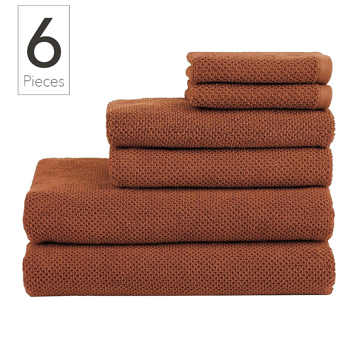 Nate Home by Nate Berkus 100% Cotton Textured Rice Weave 6-Piece Towel Set | 2 Bath Towels, Hand Towels, and Washcloths, Soft and Absorbent for Bathroom from mDesign - Set of 6, Sienna (Brown)