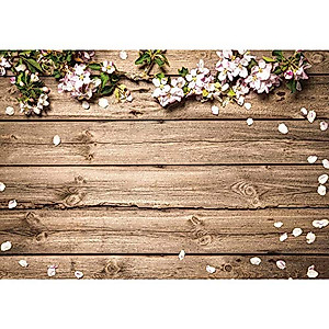 GiuMsi 7x5ft Durable Farbic Wood Wall Photography Backdrop with Spring Flowers and Petal for Newborn Baby Shower Birthday Party Photo Background Photoshoot Booth Props