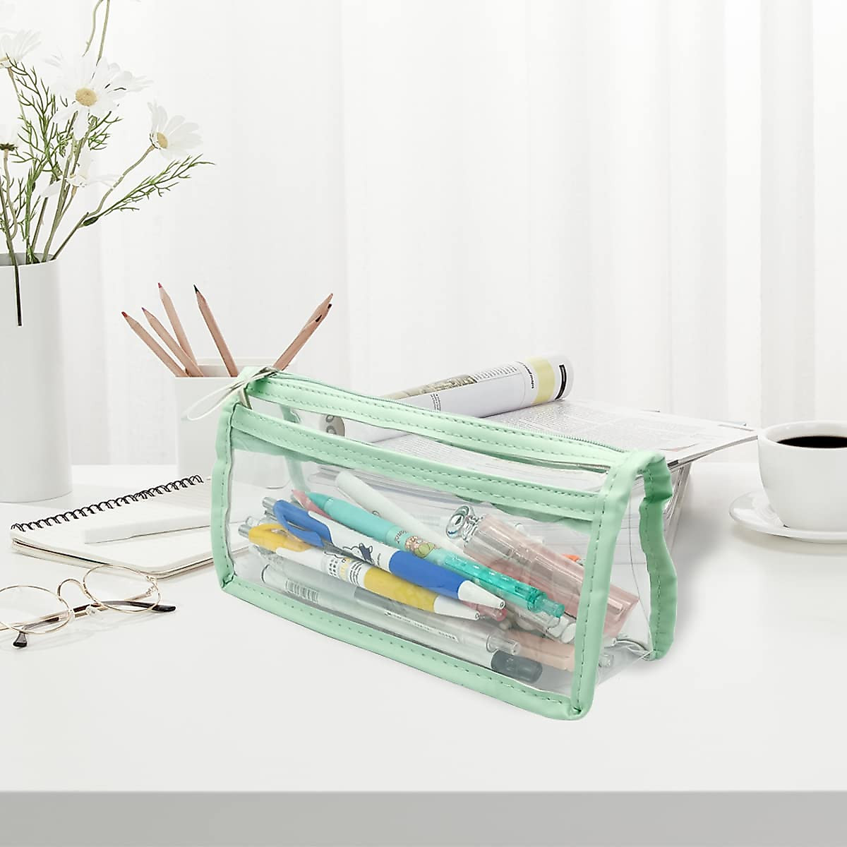 Funny live Transparent PVC Pencil Case Pen Bag Organizer Cosmetic Makeup Bag, Clear Double Compartments Case Bag for Travel | Makeup Brush | Stationerys | Small Crafts, PENS NOT INCLUDED （Mint Green）